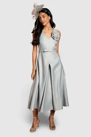 Coast Structured Satin 3d Corsage Midi Dress - Silver