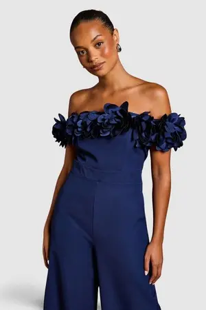Coast Petite 3d Flower Bardot Wide Leg Jumpsuit - Navy