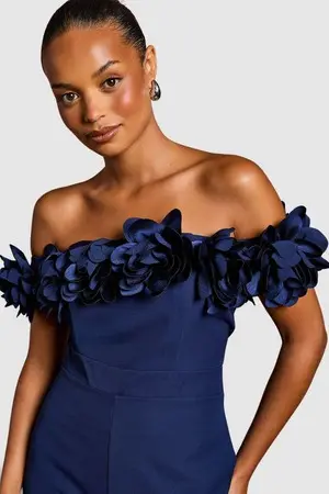Coast Petite 3d Flower Bardot Wide Leg Jumpsuit - Navy