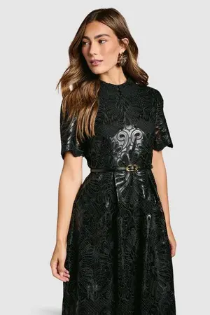 Coast Pu Lace Belted Midi Dress