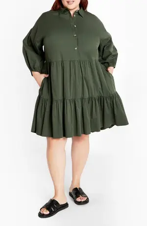 City Chic Kiara Balloon Sleeve Tiered Shirtdress - Khaki