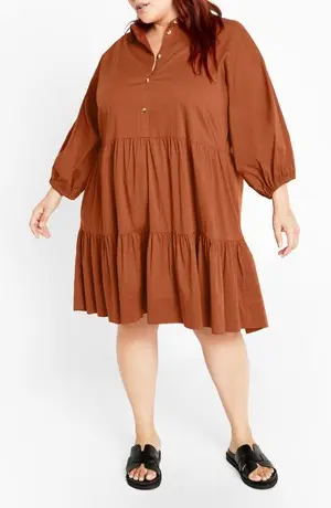 City Chic Kiara Balloon Sleeve Tiered Shirtdress - Toffee