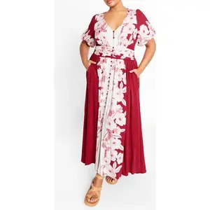 City Chic Sybelle Floral Shirred Waist Maxi Dress - Red