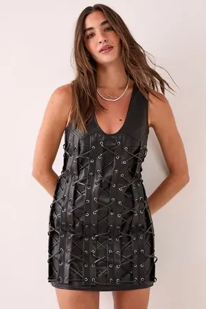 Nasty Gal Eyelet Lace-up Faux Leather Mini Dress - Black