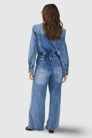 Nasty Gal Denim Shoulder Pad Boilersuit With Wide Leg - Stonewash