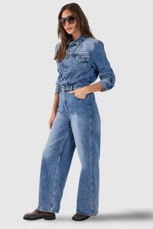 Nasty Gal Denim Shoulder Pad Boilersuit With Wide Leg - Stonewash