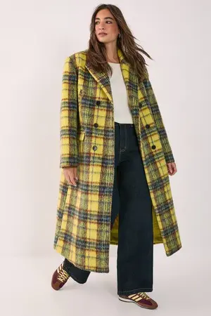 Nasty Gal Checked Wool Blend Maxi Coat - Yellow