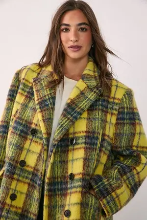 Nasty Gal Checked Wool Blend Maxi Coat - Yellow