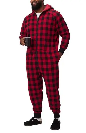 FABLETICS The Go-to Fleece Hooded Jumpsuit - Holly Berry Buffalo Check