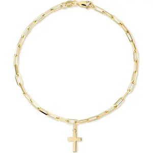 DEVATA 14k Gold Cross Charm Paperclip Chain Bracelet - Yellow Gold