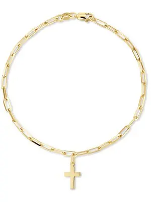 DEVATA 14k Gold Cross Charm Paperclip Chain Bracelet - Yellow Gold