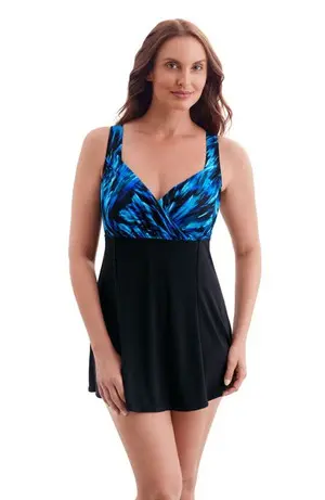 LONGITUDE Draped Crossover Long Torso Swim Dress Summer Waves
