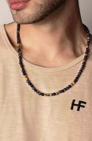 NIALAYA Stone Beaded Necklace - Dumortierite/brown Tiger Eye