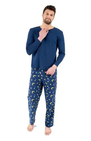 LEVERET Cotton Top & Fleece Pants Printed Matching Family Holiday Pajama Set - Moon