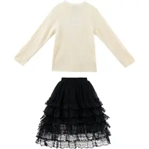 SWEET CACTUS Ribbed Sweater With Tiered Lace Skirt - Cream