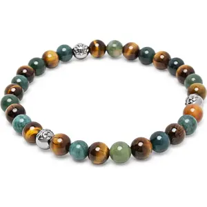 NIALAYA Tiger Eye And Aquatic Agate Silver Ball Bracelet - Tiger Eye & Aquatic Agate