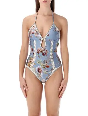 Zimmermann Chambray Crochet One-Piece Swimsuit - Chambray Blue Floral