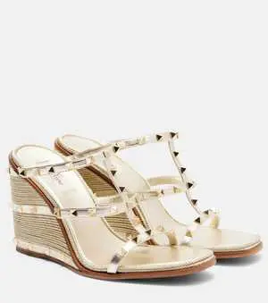 Valentino Garavani Rockstud Metallic Leather Espadrille Wedges - Gold
