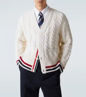 Thom Browne Rwb Stripe Cable-knit Virgin Wool Cardigan