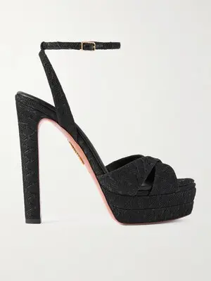 AQUAZZURA Divine Plateau 130 Metallic Woven Platform Sandals - Black