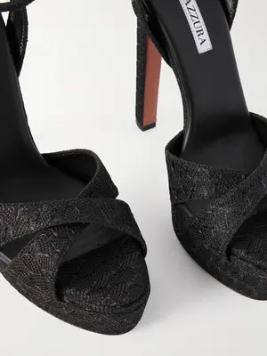 AQUAZZURA Divine Plateau 130 Metallic Woven Platform Sandals - Black