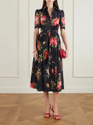 Dolce & Gabbana Belted Floral-print Cotton-poplin Midi Dress - Black