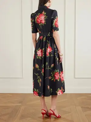 Dolce & Gabbana Belted Floral-print Cotton-poplin Midi Dress - Black