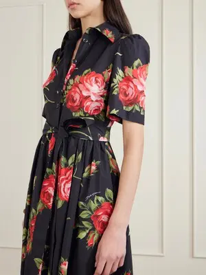 Dolce & Gabbana Belted Floral-print Cotton-poplin Midi Dress - Black