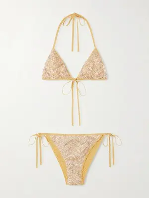 Missoni Mare Sequin-embellished Striped Metallic Crochet-knit Triangle Bikini - Gold