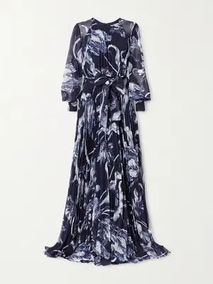 Erdem Belted Pleated Printed Chiffon Gown - Blue
