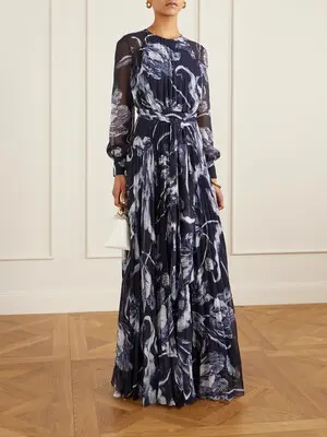 Erdem Belted Pleated Printed Chiffon Gown - Blue