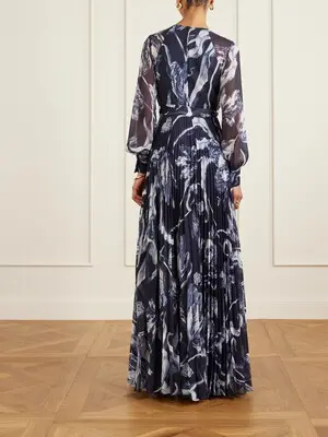 Erdem Belted Pleated Printed Chiffon Gown - Blue