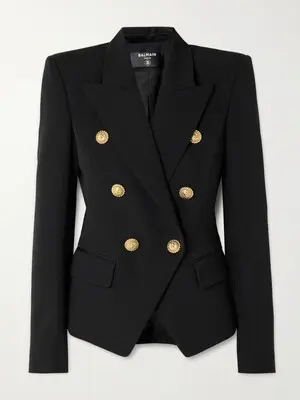 Balmain Double-breasted Grain De Poudre Wool Blazer - Black