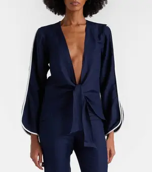 ADRIANA DEGREAS Bicolor Linen-blend Top - Blue