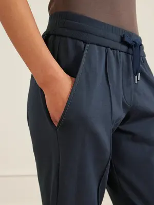 Brunello Cucinelli Bead-embellished Cotton-blend Jersey Track Pants - Blue