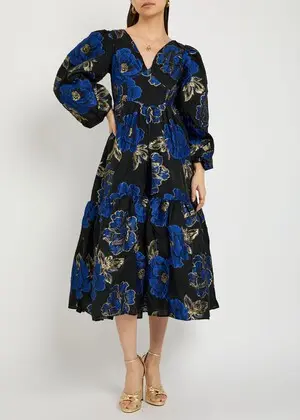 SISTER JANE Floral-jacquard Woven Midi Dress