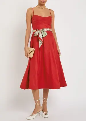 Zimmermann Rebellion Belted Linen Midi Dress - Red