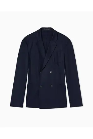 Emporio Armani Double-Breasted Blazer In Ultra-Lightweight Compact Wool Jersey - Blue