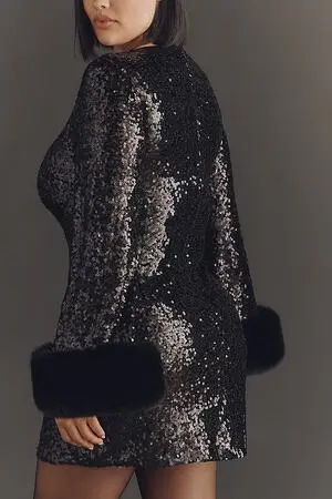 HUTCH Long-sleeve Faux Fur Trim Sequin Mini Dress