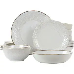ELAMA Countess 16 Piece Embossed Double Bowl Stoneware Dinnerware Set - White