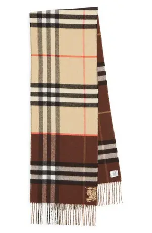 BURBERRY Ekd Check Reversible Double Face Cashmere Fringe Scarf