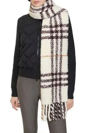 Burberry Check Alpaca & Wool Blend Bouclé Fringe Scarf - Pebble White