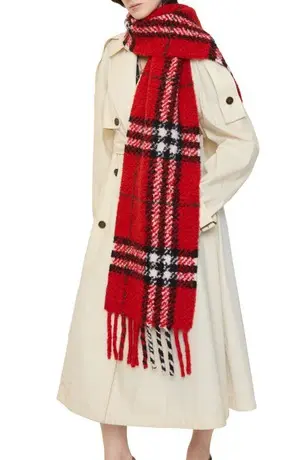 Burberry Check Alpaca & Wool Blend Bouclé Fringe Scarf - Post Red