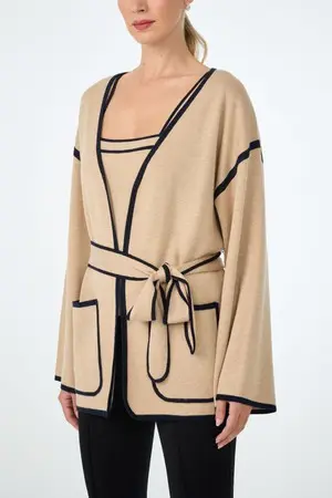 Trina Turk Wright Belted Cardigan - Camel/indigo