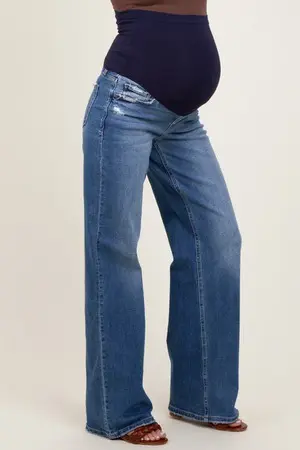 PINKBLUSH Lightly Distressed Wide Leg Maternity Jeans