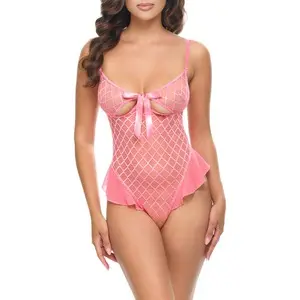 OH LA LA CHERI Flocked Mesh Teddy With Ruffle Trim