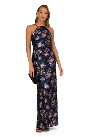 Adrianna Papell Sequin Floral Column Gown