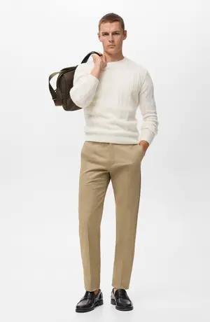 Mango Slim Fit Stretch Cotton Twill Pants - Beige