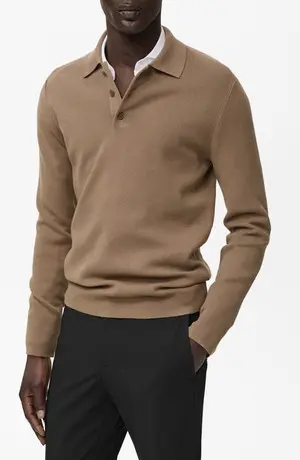 Mango Long Sleeve Piqué Polo - Medium Brown