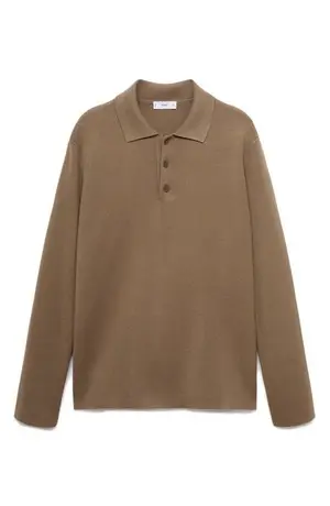 Mango Long Sleeve Piqué Polo - Medium Brown